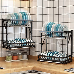 LIHONG Foldable Stainless Steel 2 Tier Dish Drying Rack,Dish Drainer with Drainboard Set for Kitchen Counter