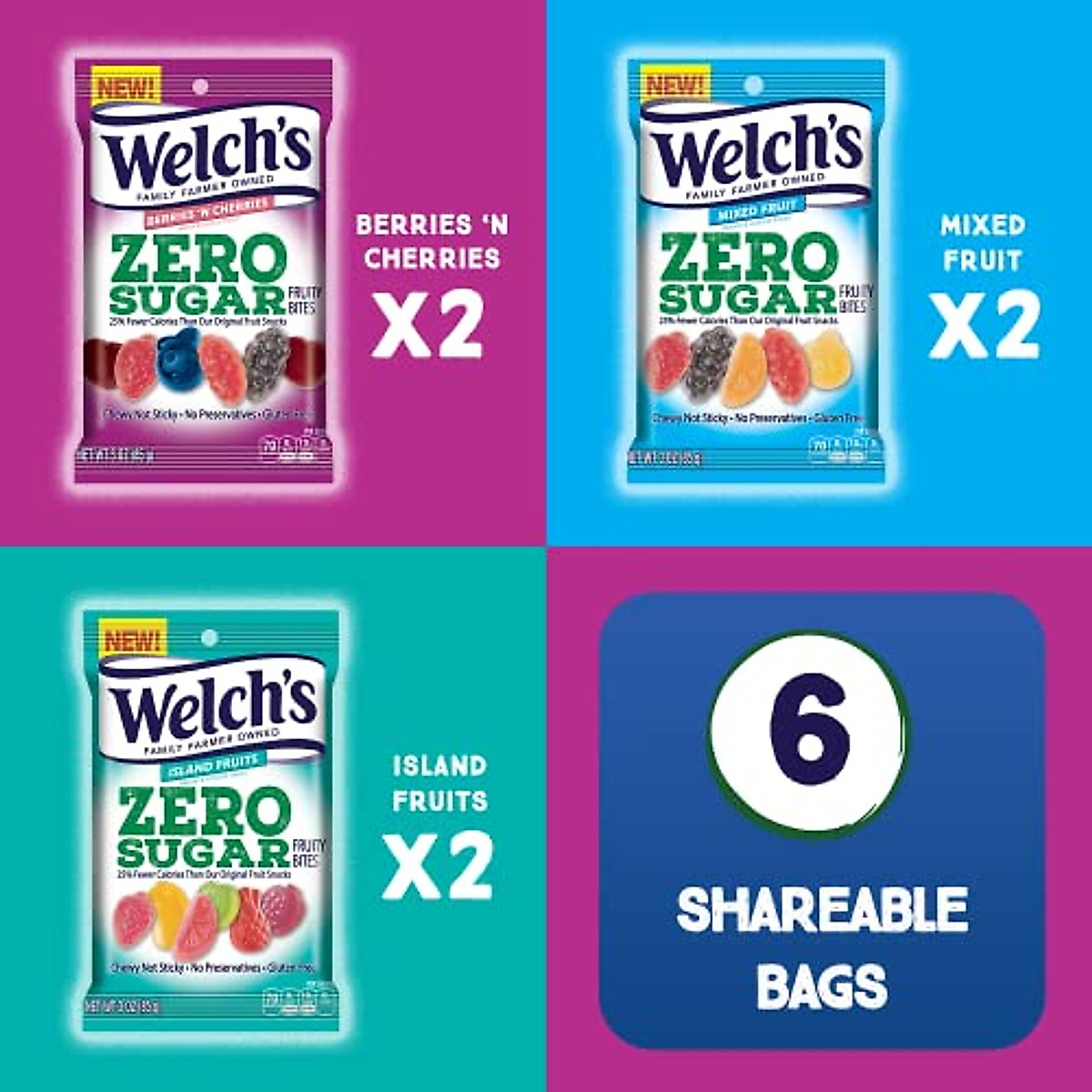 Welch’s Fruit Snacks, Zero Sugar Mixed Fruit, Berries 'N Cherries & Island Fruit, Perfect for School Lunches, Variety Case, 3 oz (Pack of 6)