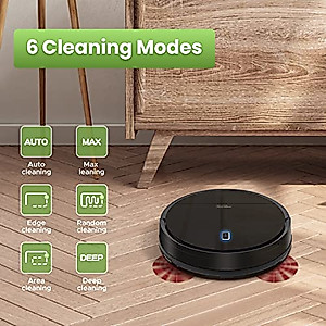 Enther Robot Vacuum Cleaner, Robotic Vacuum Cleaner with Gyro Navigation, 2600mAh, 120mins Run Time, Super-Thin, 6 Clean Modes, Self-Charging for Pet Hair Hard Floors, Carpet, Black
