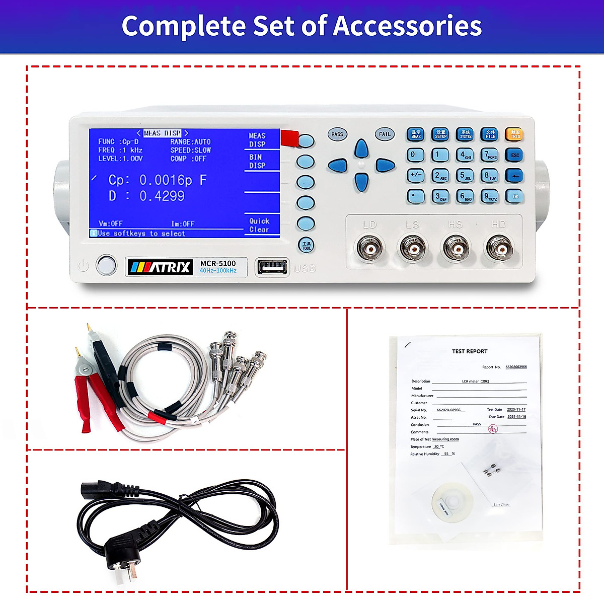 MATRIX LCR Meter, Capacitance Meter 40Hz-100kHz, Inductance Meter Accuracy 0.1%, Digital Multimeter with 32-Bit Core Processor, Electronic Component Tester 30Ω/100Ω Two Output Resistance, MCR-5100