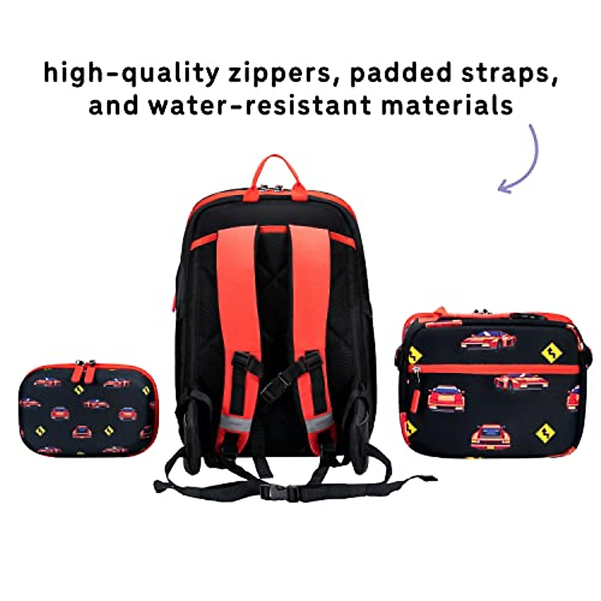 uninni Race Car Kids Backpack Set for Age 6+, fits for height 3'9" above kids with Lightweight Insulated Lunch Bag and Cute Pencil Case for Boys and Girls