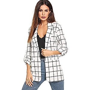 Milumia Women's Open Front Blazer Casual Lightweight Plaid Roll Up Sleeve Jacket White Large