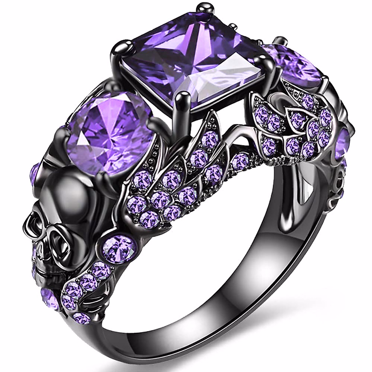 FLIUAOL Vintage Gothic Skull Rings Heart Cubic Zirconia Crystal Biker Cocktail Party Rings for Women Halloween Christmas Gifts (Square-Purple, 9)