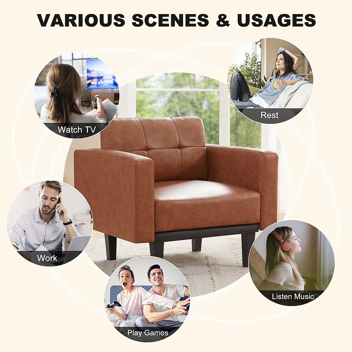 AYEASY Mid-Century Modern Leather Accent Set of 2, Oversized Upholstered Single Sofa Chair with Wood Base & Legs, Comfy Living Room Armchairs for Apartment Bedroom Office Study, Cognac/Espresso, Brown