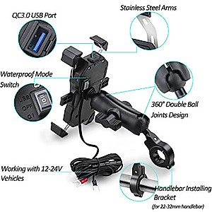 iMESTOU Auto Clamping Motorcycle Phone Mount Charger Wireless qi & USB Quick Charging 2 in 1 Handlebar Cell Phone Holder 9CM Stem 1" Ball Mount 720 Rotation Quick Release for 3.5-6.8 Inch Smartphone