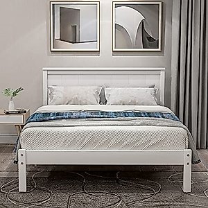 P PURLOVE Twin Size Platform Bed Frame with Headboard, Wood Platform Bed with Slat Support, No Box Spring Needed, White