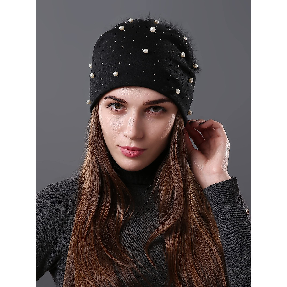 AICHUAN Womens Slouchy Beanie Hat with Real Raccoon Fur Ball Pompom Cotton Pearls Winter Fall Hat