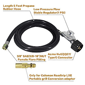 MCAMPAS 5 Feet Propane Adapter Hose with Regulator Only for Coleman Roadtrip LXE Portable Grill,Replacement Parts Connect to 5lb -20 lb Large Propane Tank
