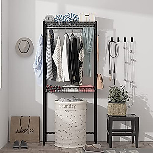 Xiofio Over The Washer and Dryer Storage Shelf 2 Tier Adjustable Height Wire Basket and Side Hook Laundry Shelves Used for Bathroom Bedroom Balcony Drying Rack Towel Rack Handbag Rack ，Black