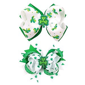St Patrick's Day Large Hair Bows 2 layers Grosgrain Ribbon Bowknots Boutique Alligator Hair Clips Irish Green Shamrock Hairpin Accessories for Kids Girls Women