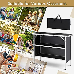 COSTWAY Folding Picnic Camping Table, Portable Lightweight Aluminum Table with Carry Bag, Food Prep Station with 2 Shelves, Quick Set-up, Outdoor Camping Table for BBQ, Party, Backyard (Black)