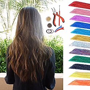 Hair Tinsel Kit, 12 Colors Tinsel Hair Extensions with Tools, Glitter Fairy Hair Sparkingly Hairpiece for Party Halloween Christmas New Year