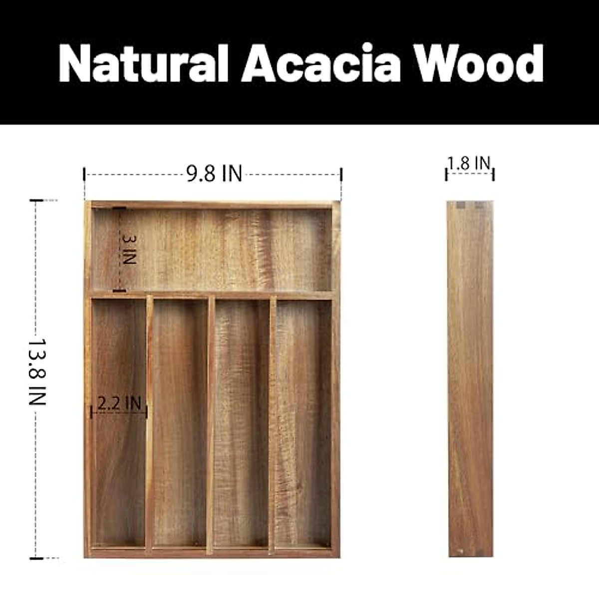 KITEISCAT Acacia Wood Silverware Organizer, Kitchen Utensil Drawer Organizer for Forks, Knives & Spoons, 5-Compartment Cutlery Tray, Flatware Holder