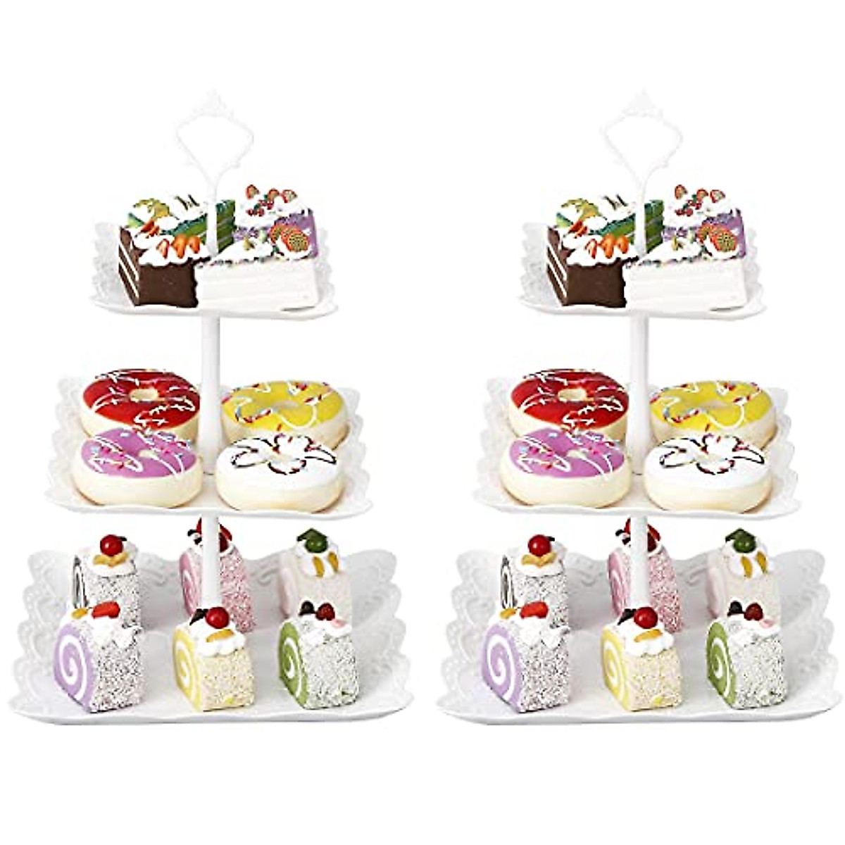 2 Set of 3-Tier Plastic Cupcake Stand Dessert Plates Mini Cakes Fruit Candy Display Tower White for Kids Birthday Tea Party Baby Shower Serving Tray, Square