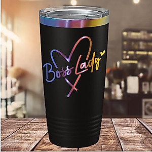 Boss Lady Big Heart Tumbler Birthday Gifts for Women, Coworker, Boss on Black with Ion Prism Design 20 oz Stainless Steel Insulated Cup with Lid - Travel Mug for Mom