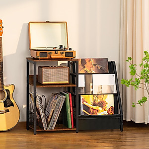 LELELINKY Record Player Stand with Vinyl Storage, 3 Tier Turntable Stand with Display Shelf Storage Up to 150 Albums,Brown End Table for Living Room