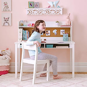 Martha Stewart Kids' Desk with Hutch and Chair by Guidecraft - Creamy White: Kids Wooden Study Table with Storage and Corkboard | Kids' Bedroom Furniture Set, Desk and Chair Set Ages 5-12