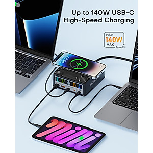 USB Charging Station,ASOMETECH 260W 5Ports Fast USB C Charging Station,140W PD3.1 USB C GaN Charger with LCD Display,Wireless Charger,Desktop USB Charging Hub for MacBook Pro/Air,iPad,iPhone,Samsung