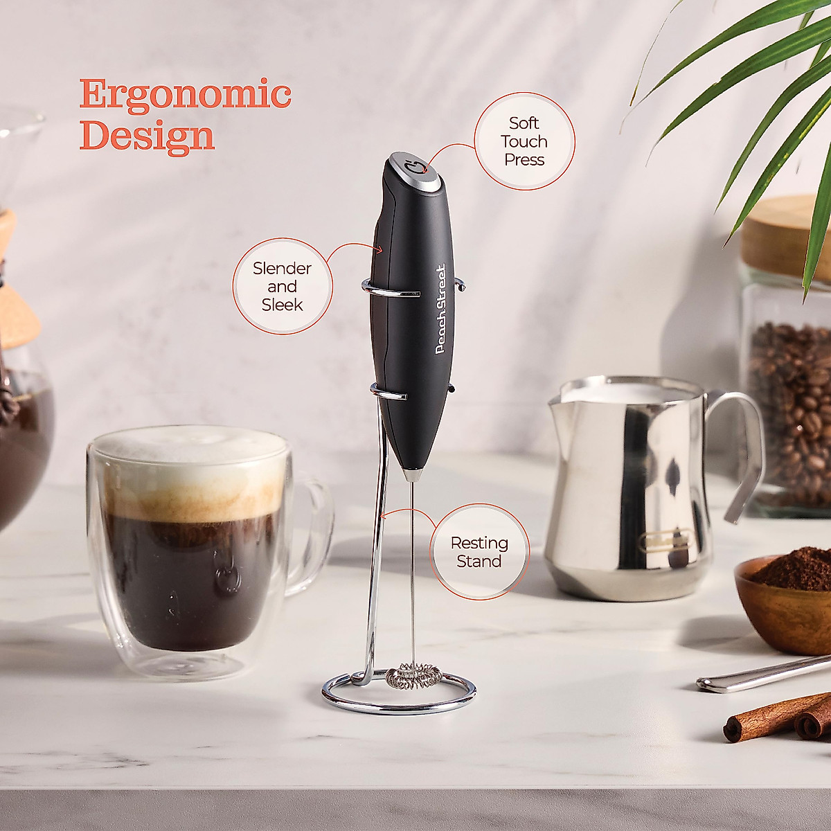 Powerful Handheld Milk Frother, Mini Milk Foamer, Battery Operated (Not included) Stainless Steel Drink Mixer with Frother Stand for Coffee, Lattes, Cappuccino, Frappe, Matcha, Hot Chocolate.