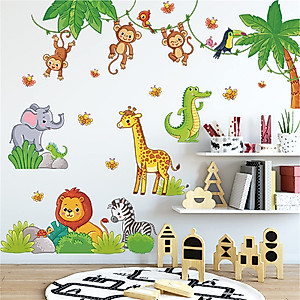 Jungle Animals Wall Sticker Monkey Giraffe Elephant Lion Zebra Wall Decals,Peel and Stick DIY Vinyl Mural Art for Kids Nursery Bedroom Living Room Playroom