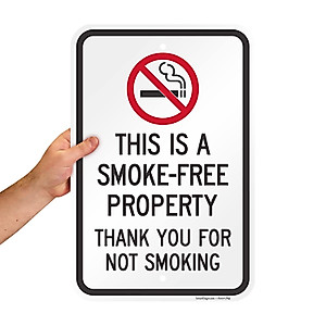 SmartSign 18 x 12 inch “This Is A Smoke-Free Property, Thank You For Not Smoking” Metal Sign, 63 mil Laminated Rustproof Aluminum, Red, Black and White, Made in USA