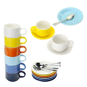 JULKYA SET OF 6 STACKABLE 4OZ MULTICOLORED PORCELAIN ESPRESSO CUPS WITH SAUCERS AND METAL STAND +BONUS STAINLESS STEEL SPOONS - LIGHTWEIGHT CUPS FOR ESPRESSO, LATTE, CAFÉ MACCHIATO, OR TEA, DEMITASSE