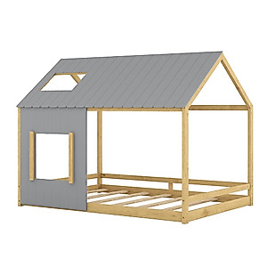 Bellemave House Bed Full Size Montessori Style Floor Bed Frame Wood Kids Cabin Beds Fun Playhouse Bed with Roof and Window for Girls Boys Teens, Gray with Natural