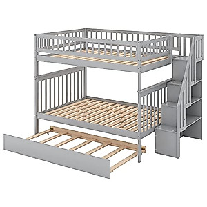 UBGO Full Over Full Bunk Bed with Pull Out Trundle Bed and Storage Stairs, Safety Rails, Full Size Bunk Bed for Kids Teens Adults, Space Saving, Easy to Assemble, Grey