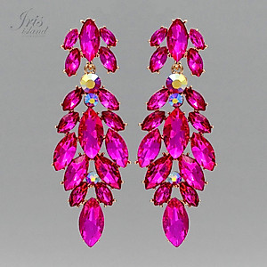 Womens Crystal Rhinestone Dangle Earrings Fuchsia Hot Pink for Proms Wedding Party