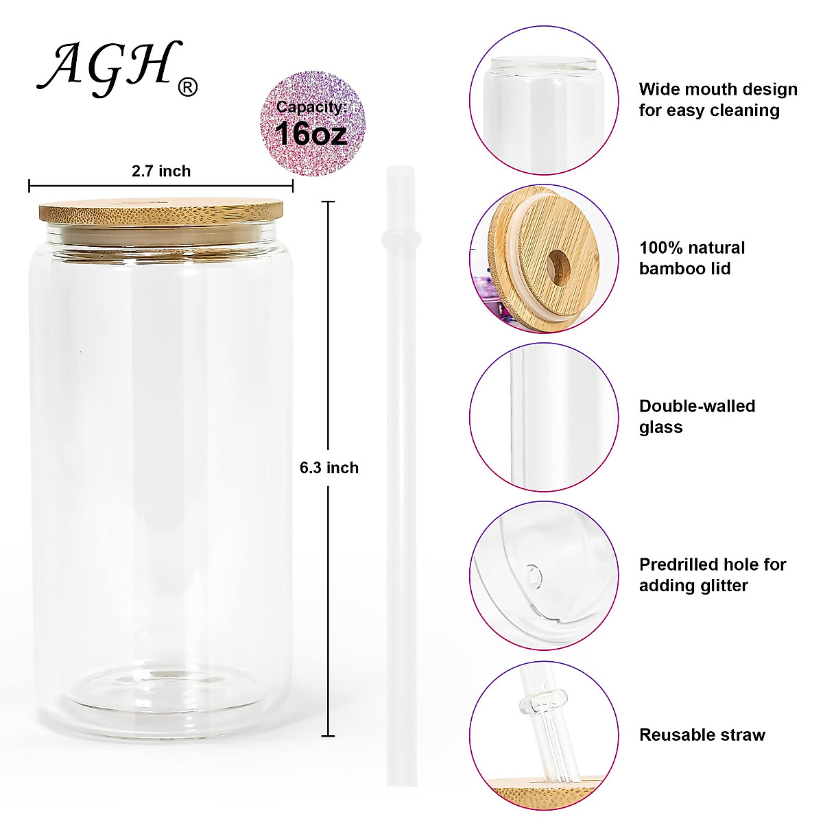AGH Sublimation Snow Globe Glass Can Blanks 16 oz 6 Pack Sublimation Double Wall Glass Tumbler with Bamboo Lids and Straws Pre-drilled Cups for Snow Globe glitter Clear
