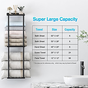 Liuoud Towel Rack for Bathroom, Wall Mounted Bath Towel Holder Storage Organizer for Rolled Towels, Vertical Towel Rack with Shelf Can Holds Up 6 Large Bath Towel, Black