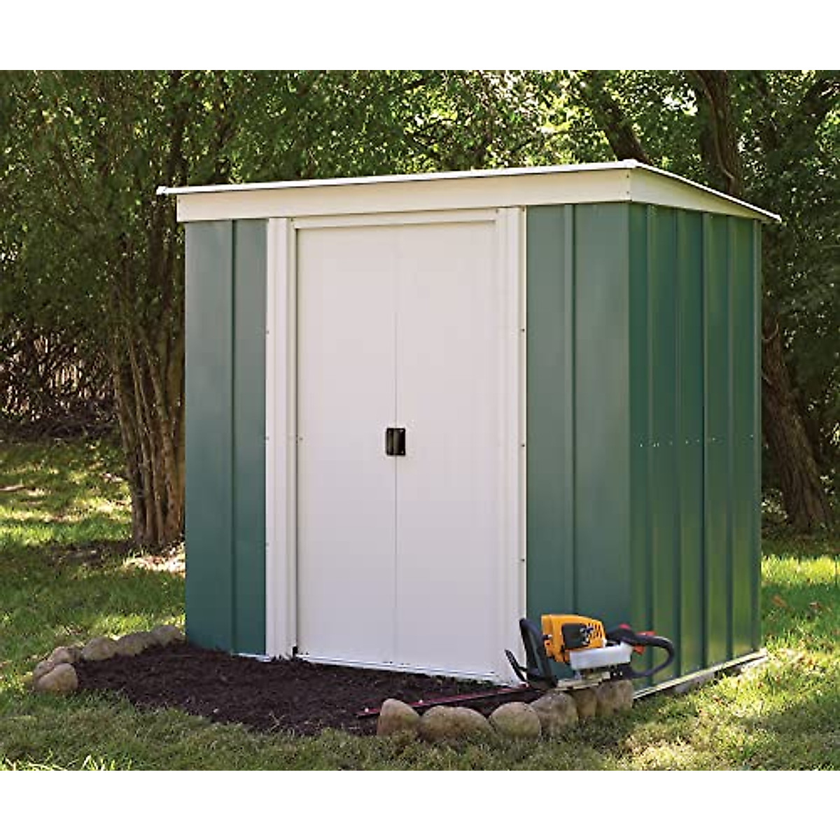 Arrow Sheds 6' x 4' Galvanized Steel Pad-Lockable Outdoor Utility Storage Shed with Pent Roof, Eggshell/Green