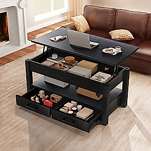 FABATO 41.7'' Lift Top Coffee Table with 2 Storage Drawer Hidden Compartment Open Storage Shelf for Living Room Folding Wood End Table (Black)