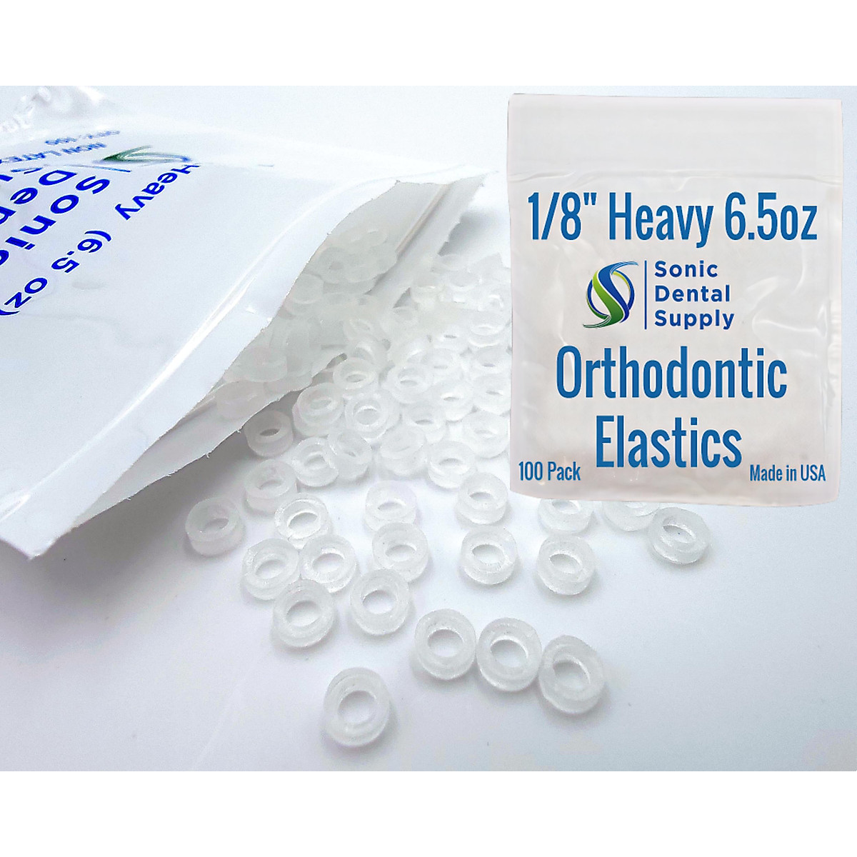 1/8 inch X-Heavy 6.5 oz - Orthodontic Elastic Rubber Bands - 100 Pack - Clear Latex Free, Small, Braces, Dreadlocks Hair Braids, Tooth Gap, Packaging, Crafts, Sonic Dental Supply - Made in USA