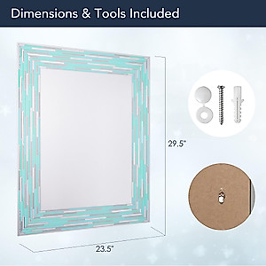 Head West 24"x30" Reeded Tiled Sea Glass Aqua Blue Vanity Mirror for Bathroom Wall, Mosaic Accent Rectangle Vanity Bathroom Mirror for Over Sink, Bedroom, & Living Room