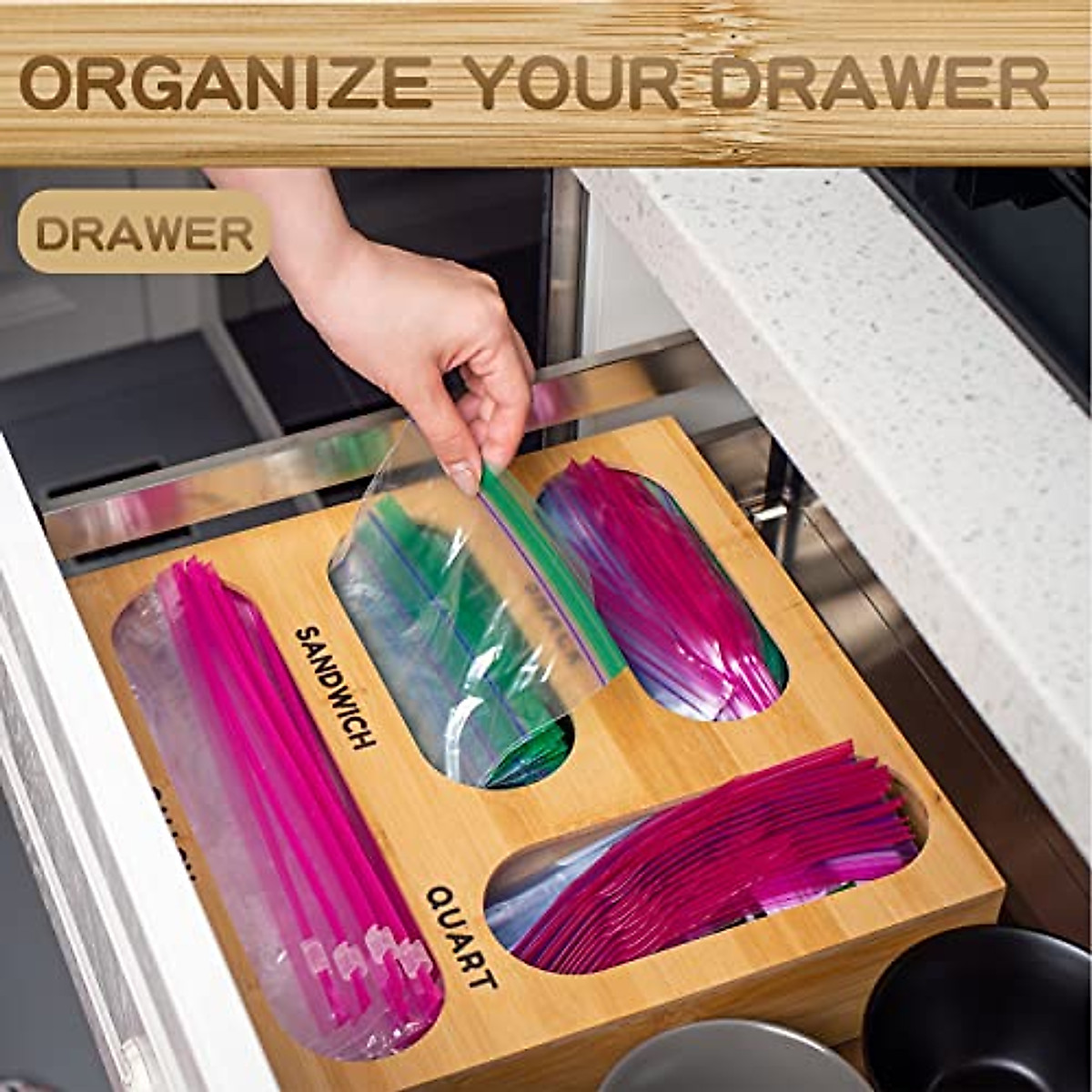 Ziplock Bag Storage Organizer, Kitchen Zip Lock Bag Container Organizer, Bamboo Ziploc Bag Organizer, Sandwich Bag Organizer for Drawer, Ziploc Bag Storage Organizer - Compatible with Most Ziploc Bag