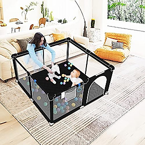 JUSONEY Baby Playard,Baby Playpen with Mat,50”×50” Baby Playpen for Toddler with Gate, Indoor & Outdoor Playard for Kids Activity Center with Anti-Slip Base,Sturdy Safety,Soft Breathable Mesh-Black