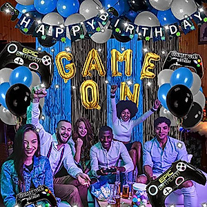 Video Game Birthday Party Decorations for Boys - Blue Video Game Party Supplies with String Lights - Gaming Party Decoration For Kid Video Game Backdrop (92 Pcs)