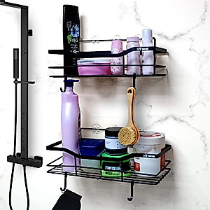 TRENDY PANDA Adhesive Shower Caddy with 4 Hooks Shower Organizer Rustproof and Stainless Steel Material, No Drilling Shower Shelf 2 Pack in Metal Black.