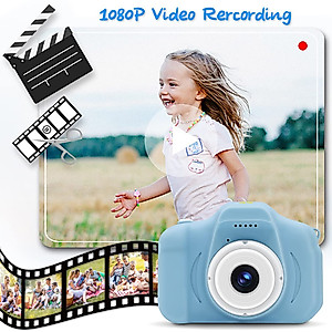 YUE3000 Kids Camera, Front and Rear Camera Digital Cameras for Boys and Girls Gift Age 3-9, 2.0 -inch Screen,1080P Video with 32GB SD Card-Blue
