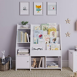 Sturdis Modern Rounded Edge Wooden Kids Bookshelf with Storage Cabinet, Book Organizer Storage Shelves for Bedrooms, Playrooms, and Nurseries, White