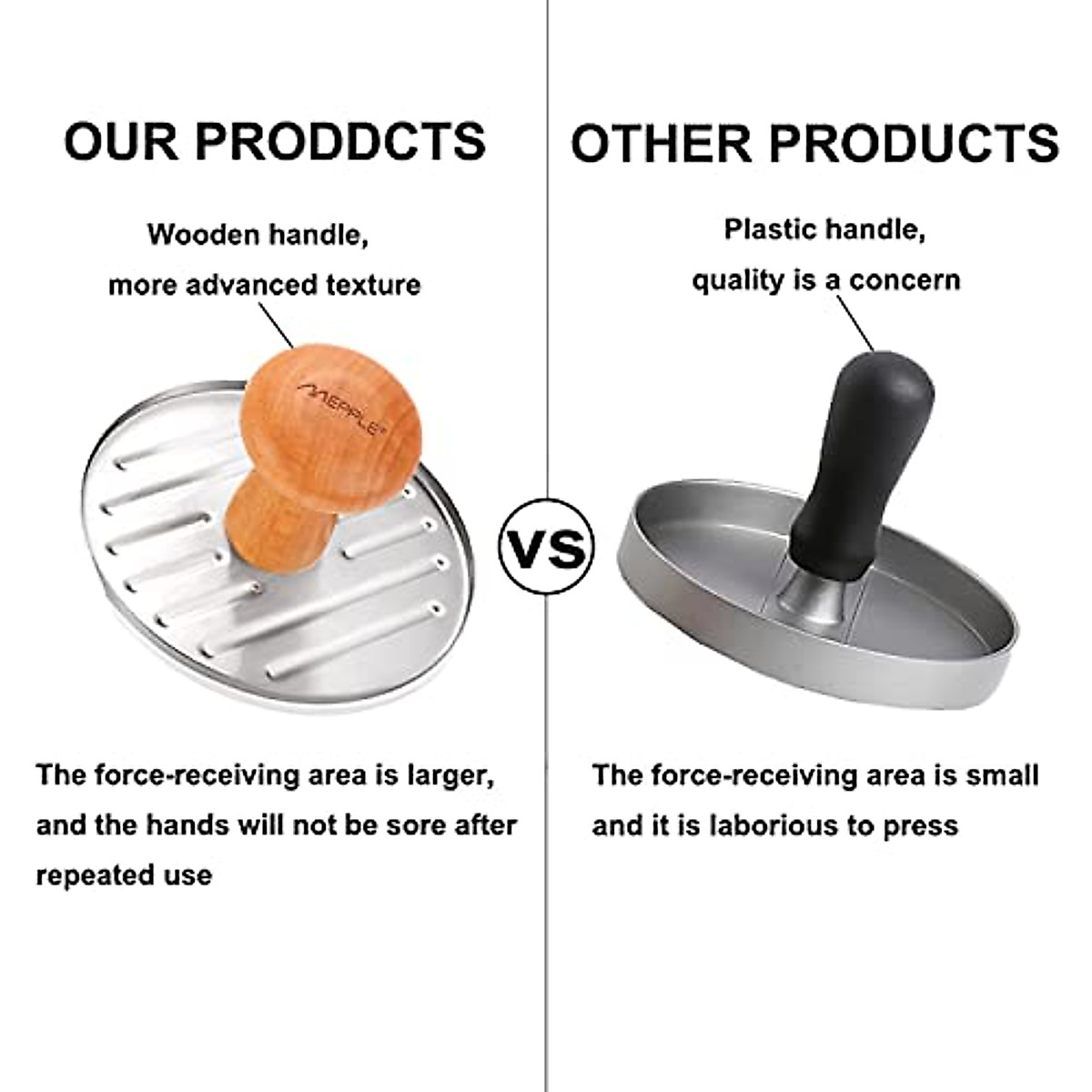 Mepple Burger Press with Non-Stick 100 Patty Papers, Hamburger Press Patty Maker with Wooden Handle, Burger Mold for Hamburger Meat Veggie BBQ, Barbecue Grilling Accessories and Kitchen Tool, 5” Dia