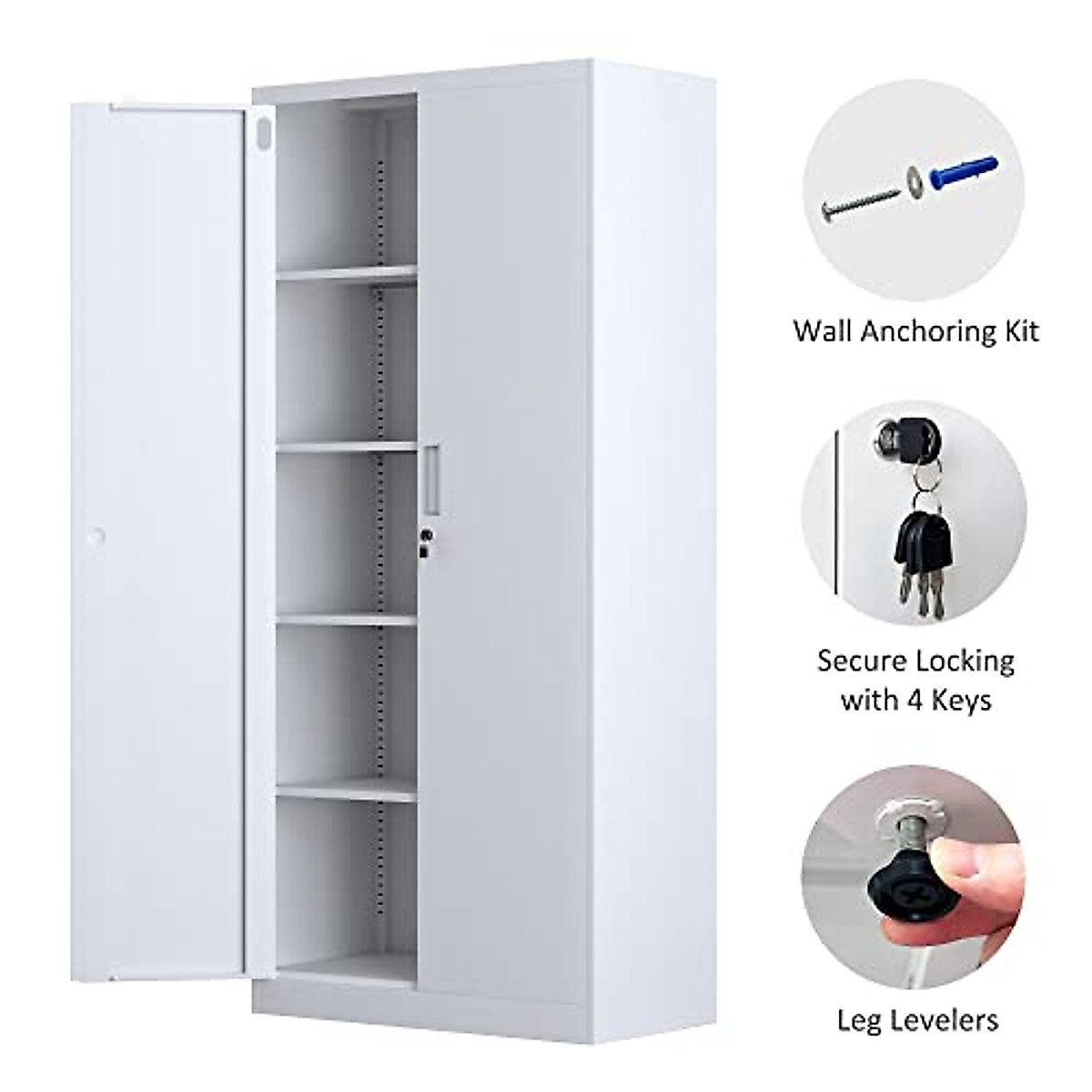 iJINGUR Metal Storage Cabinet with Locking Doors and Shelves for Garage Home Office, Lockable Tall Steel Storage Cabinets with Lock, Tool Holder and File Organizer Pocket Included (White)