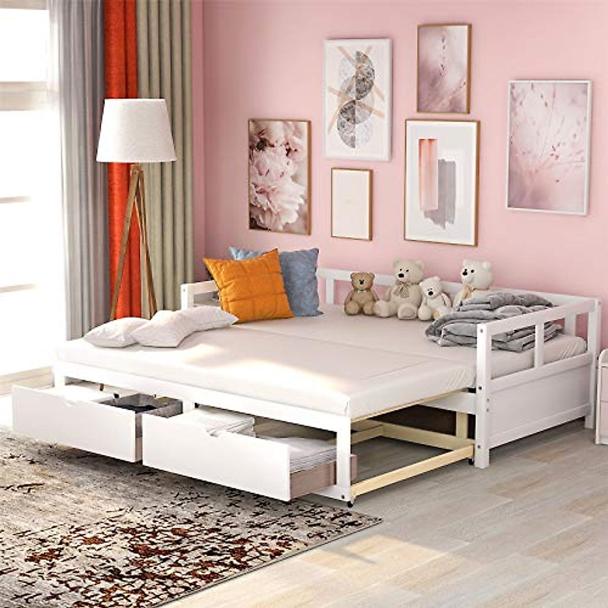 Daybed with Trundle and Drawers, Twin to King Design Sofa Bed,Wooden Extendable Bed Daybed for Bedroom Living Room, White
