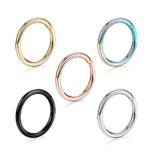 FUNLMO 20g Nose Rings Hoop Surgical Steel Cartilage Rook Daith Tragus Earrings Anti-Tragus Earring Hoop Nose Rings Lip Rings 5mm Septum Clicker Ring 5Pcs
