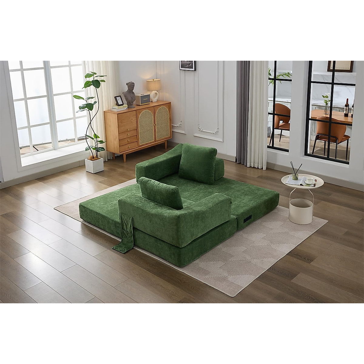 LUMISOL 70" Folding Pull Out Sofa Bed, Convertible Futon Sofa Bed with Removable Armrests & Side Pockets, Portable Foldable Floor Sleeper Sofa Couch with 2 Pillows for Living Room, Green