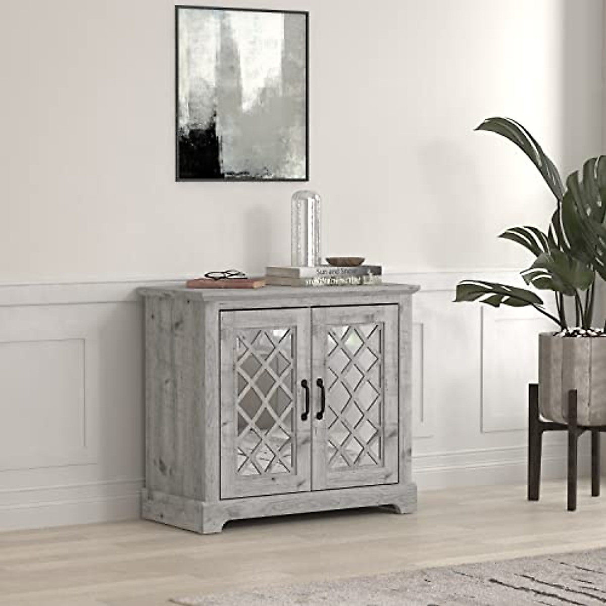 Galano Millicent 2 Door Storage Accent Cabinet - Modern Buffet with 2 Mirror Doors 2 Tier - Organizers and Storage – Console for Entryway - Hallway or Living Room - (Mexican Grey)