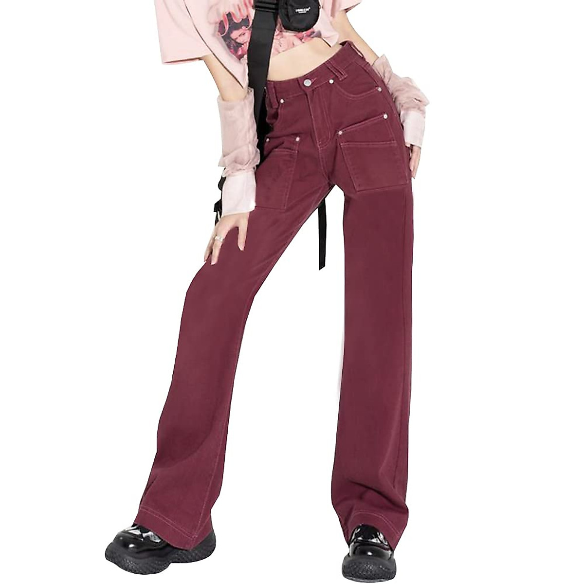 LONGYIDA Women's High Waisted Baggy Jeans Stretchy Wide Leg Straight Jeans Y2K Boyfriend Relaxed Fit Denim Pants Trousers(Red,XL)