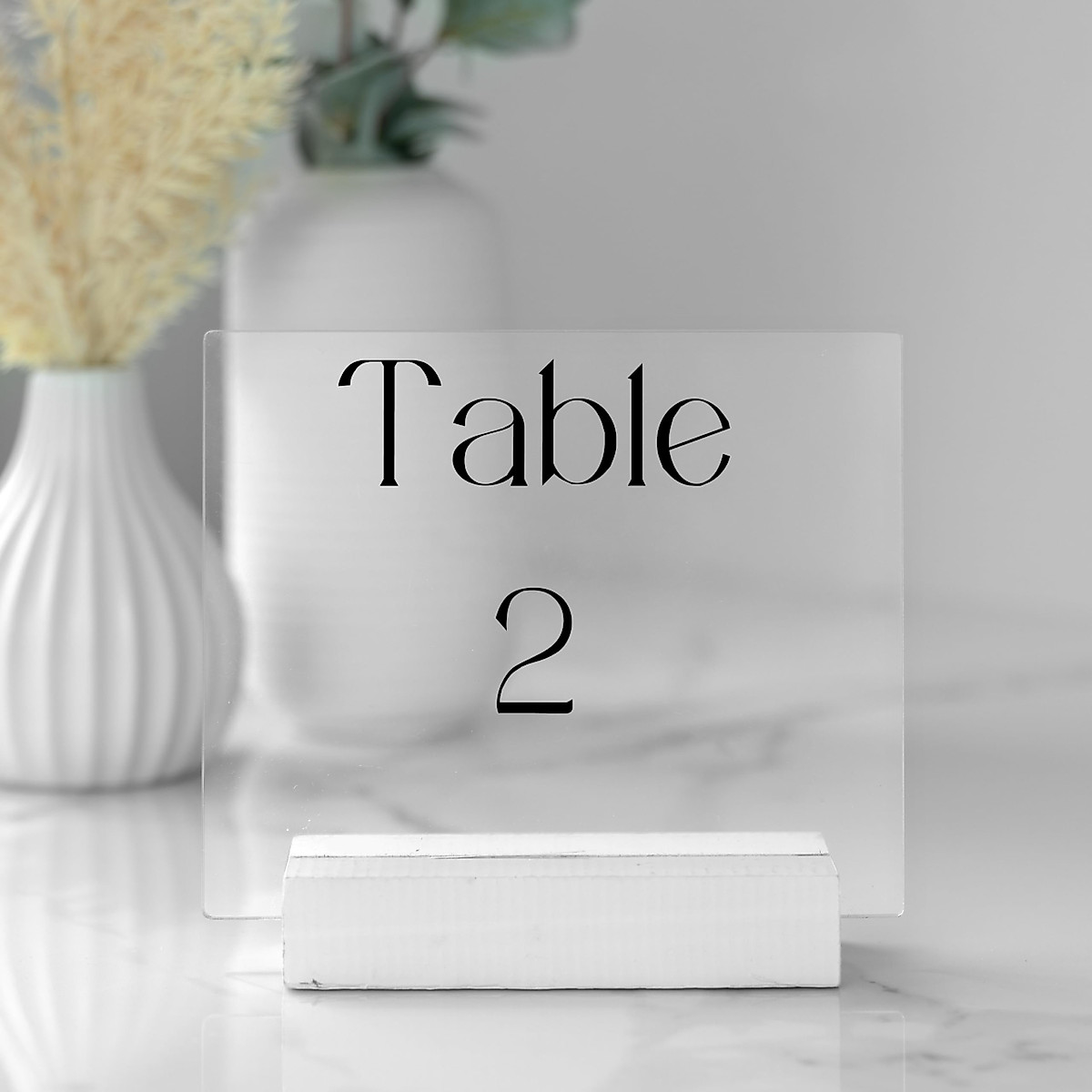 Ilyapa Acrylic Sign Holders with White Wood Stands, 8 Pack - Small 5x6 Inch Blank Table Numbers Set for Wedding