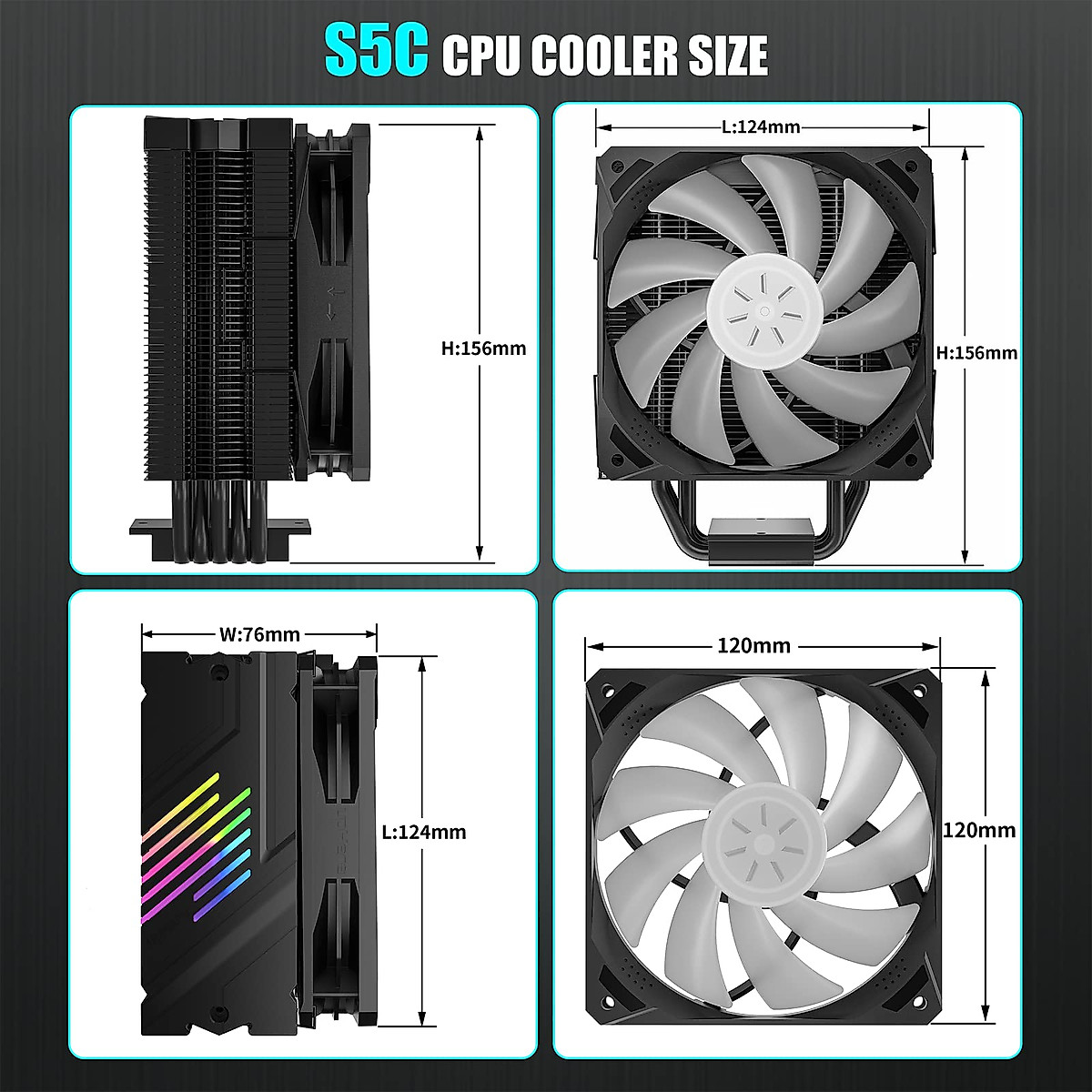 upHere S5C CPU Air Cooler LGA 1700 Ready 5 Heat Pipes 120mm PWM Processor Cooler for Intel LGA 1700/1200/115X AMD Universal Socket with 5V ARGB SYNC Auto RGB,Black